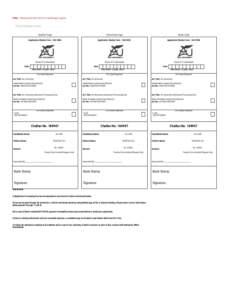 Challan Form - Air University | PDF | Cash | Payments