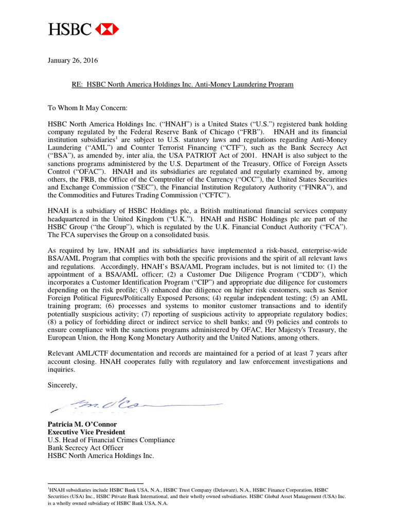 Aml Letter 2016 | PDF | Hsbc | Office Of The Comptroller Of The Currency