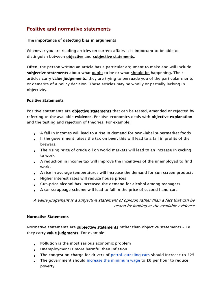 Positive and Normative Statements Worksheet | PDF | Economics | Prices
