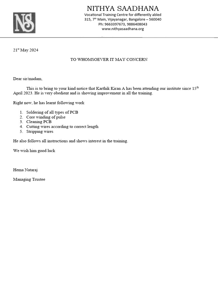 Karthik Kiraan Letter | PDF