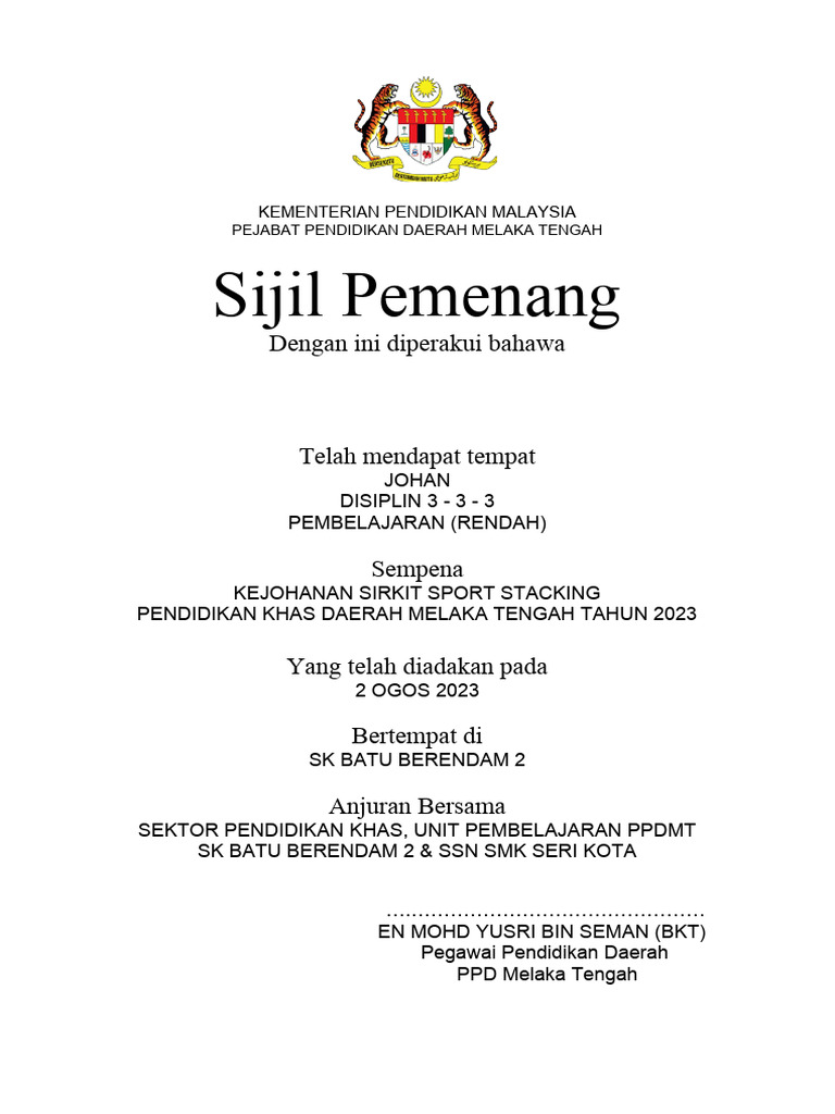 Contoh Sijil Pemenang Cup Stacking PPDMT 2023 | PDF