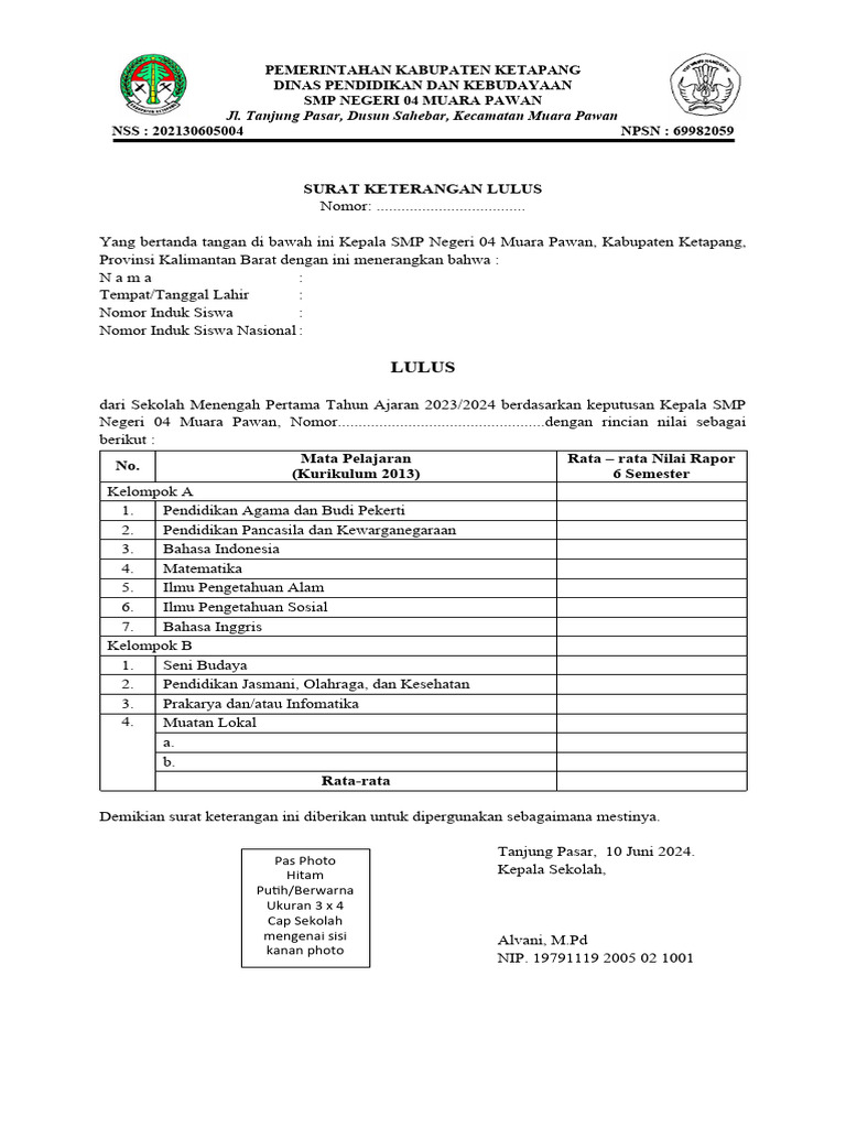 SMP, Contoh Surat Keterangan Lulus 2024 - Kurikulum 2013 | PDF