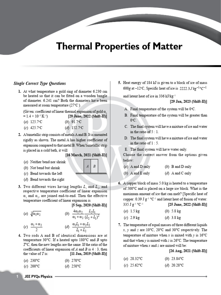JEE Physics: Thermal Properties Quiz | PDF | Ice | Heat