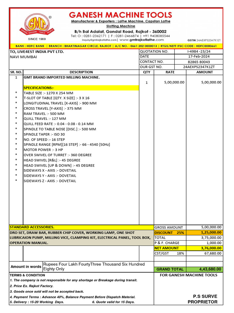 Quotation for GMT Imported Milling Machine | PDF | Machines | Tools