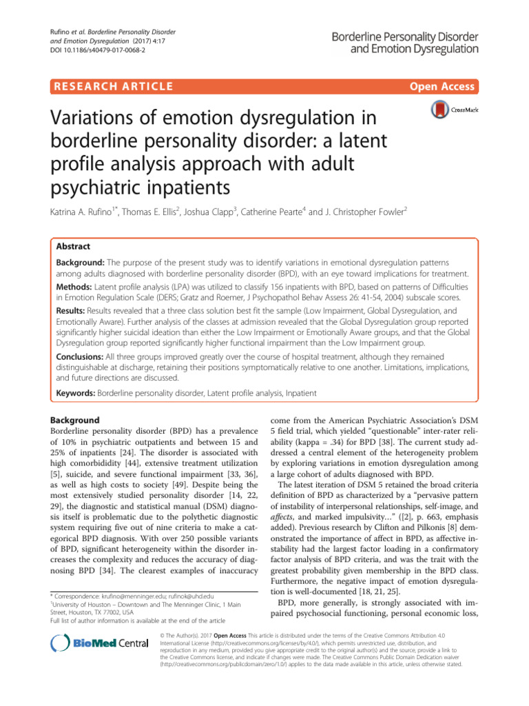 Variations of Emotion Dysregulation in Borderline Personality Disorder: A Latent Profile ...