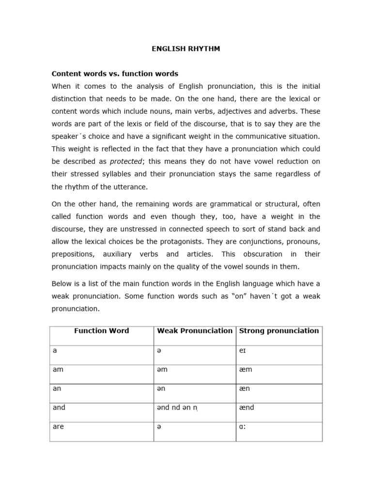 Content and Function Words Weak and Strong Forms | PDF | Stress ...