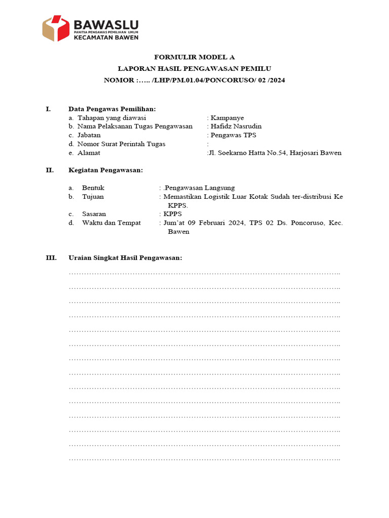 Contoh Format FORM A PTPS | PDF