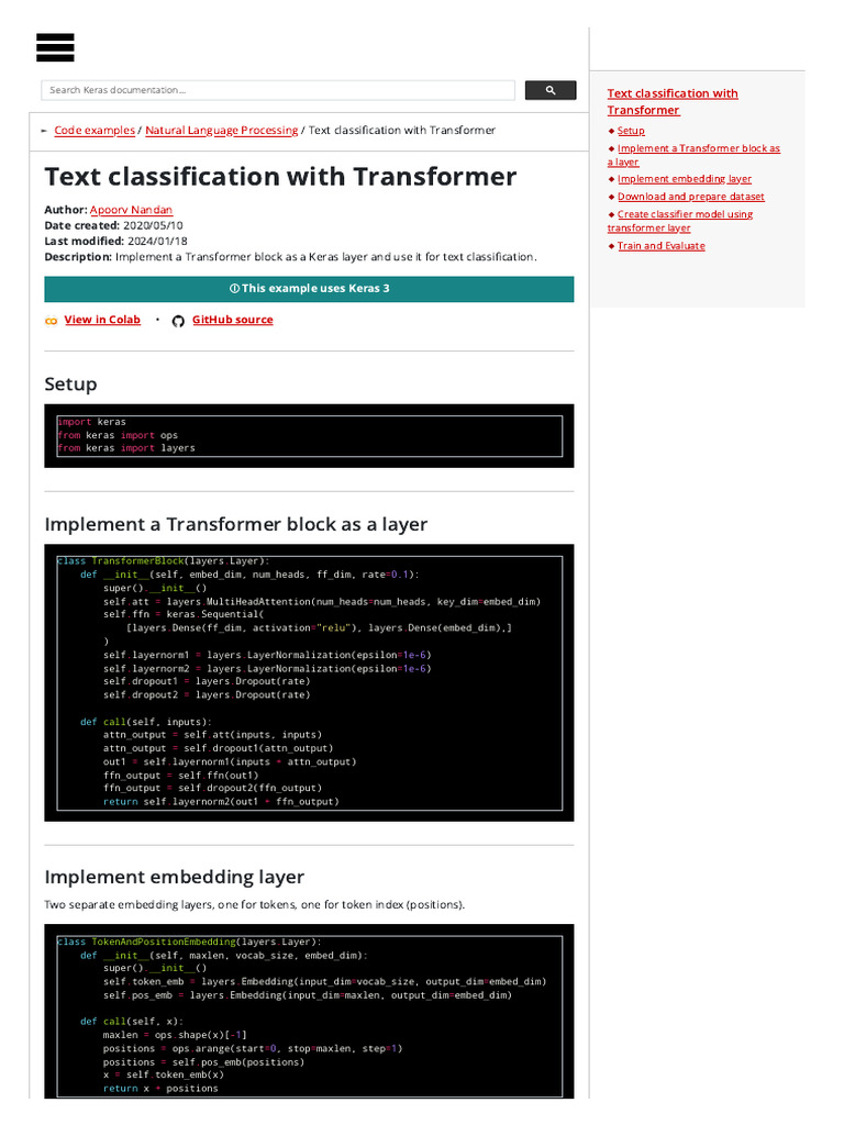 Text Classification With Transformer - 1716327784332 | PDF | Computational Neuroscience | Learning