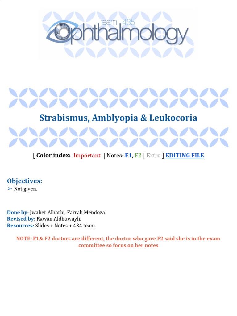 Strabismus, Amblyopia & Leukocoria | PDF | Diseases And Disorders | Clinical Medicine