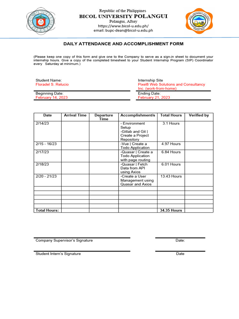 Sample Form Daily Attendance and Montlhy Progress Report | Download ...