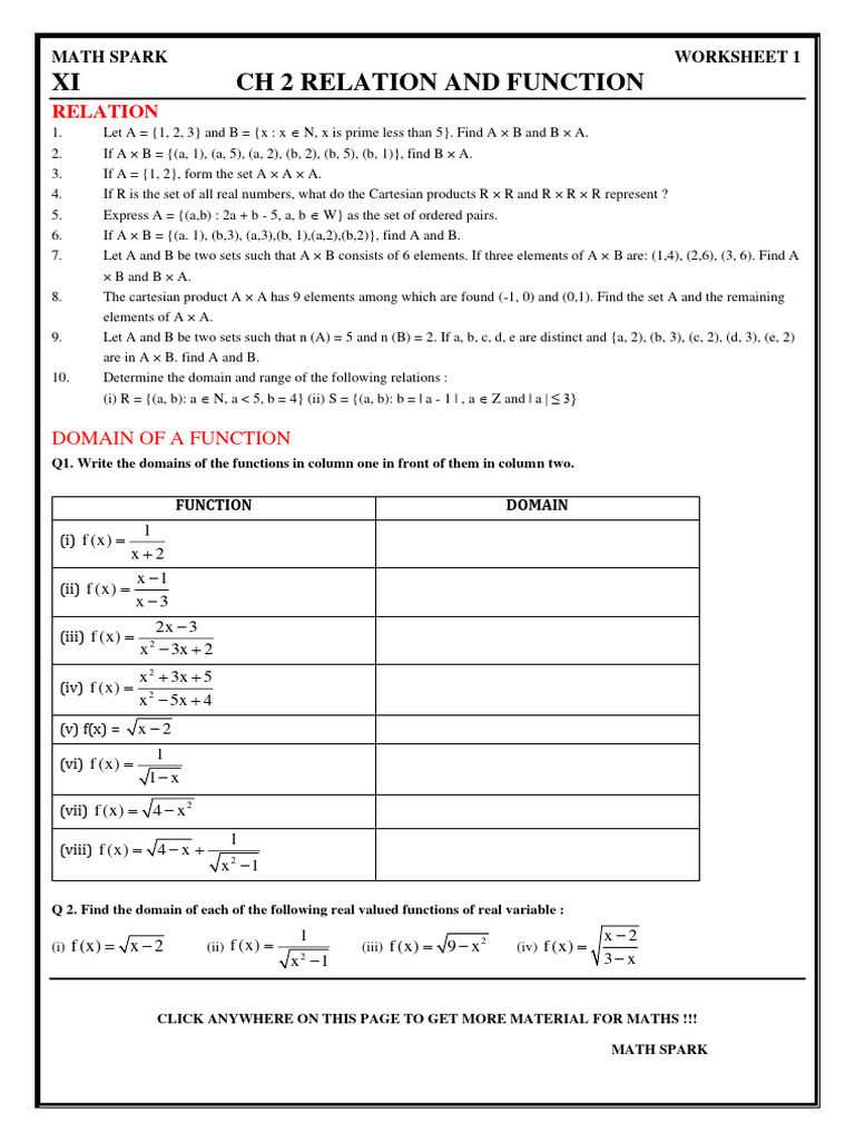 Xi Maths Relation Function Worksheet 1 Pdf Function Mathematics Abstract Algebra