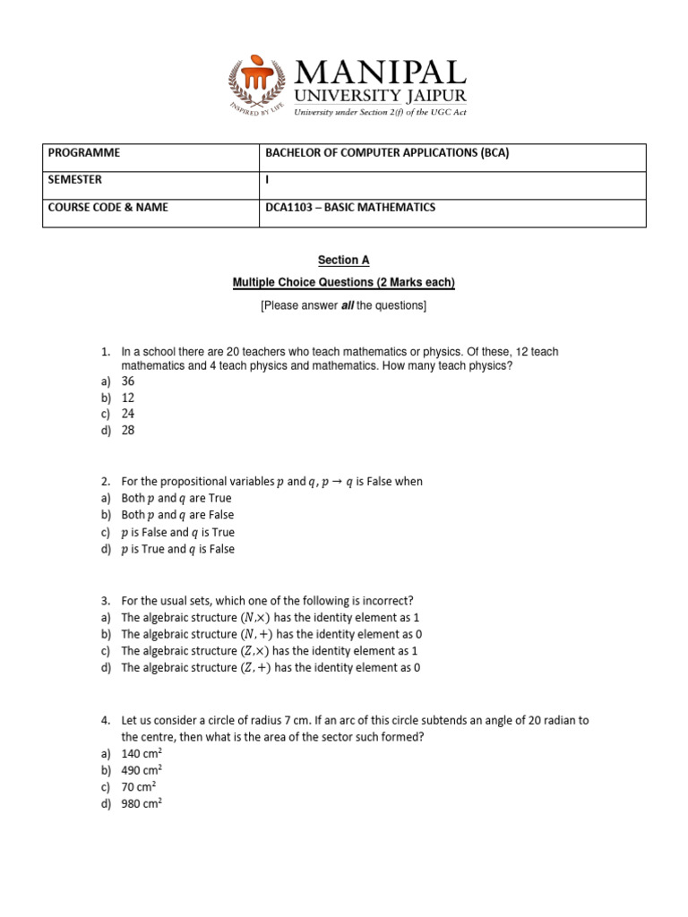 DCA1103_Model QP | PDF | Mathematics | Applied Mathematics
