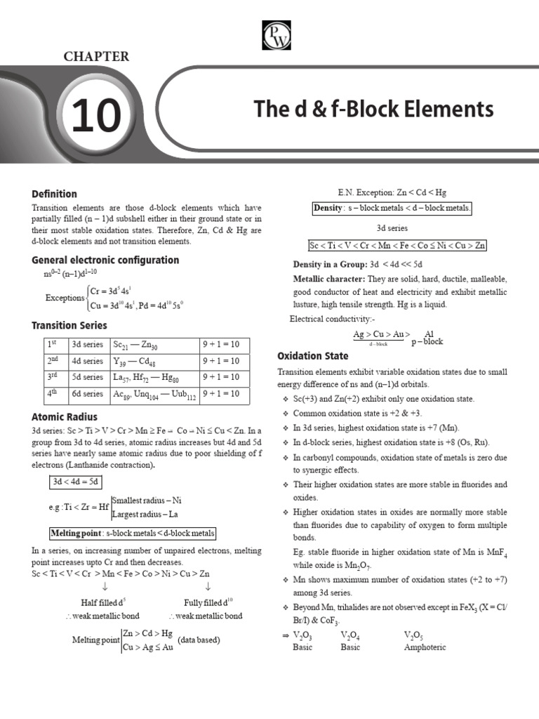 D & F Blocks Elements - Short Notes | PDF | Transition Metals | Metals