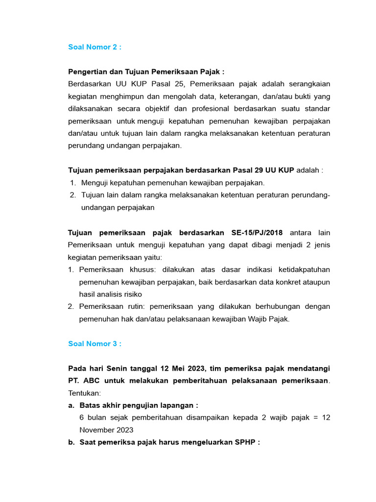 Jawaban Soal UTS Pemeriksaan Perpajakan | PDF | Pengelolaan Keuangan & Uang