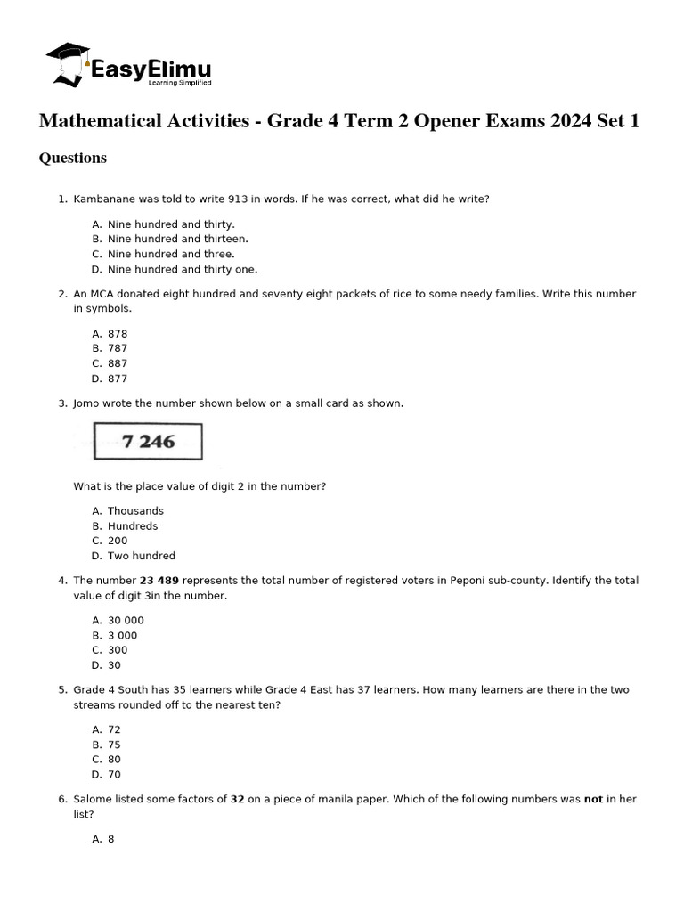 Mathematical Activities - Grade 4 Term 2 Opener Exams 2024 Set 1-823 ...