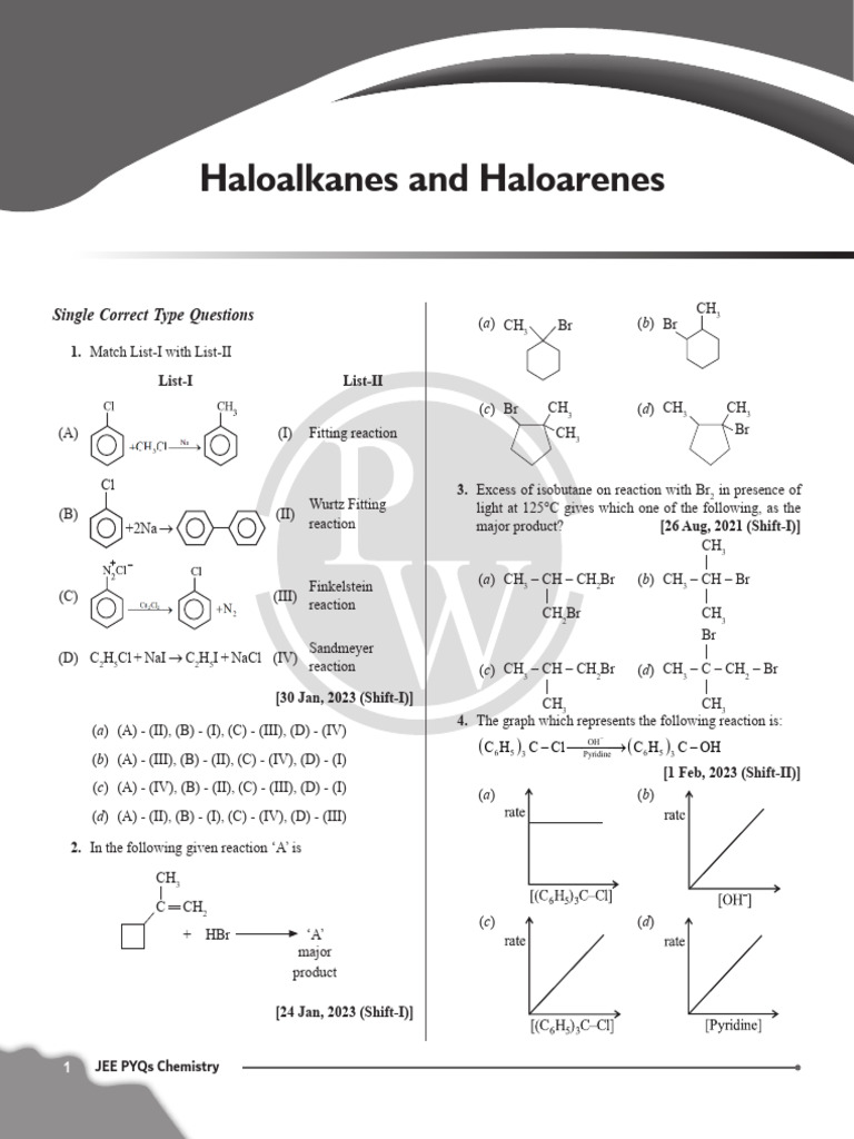 Haloalkanes and Haloarenes - PYQ Practice Sheet | PDF | Physical Chemistry | Unit Processes