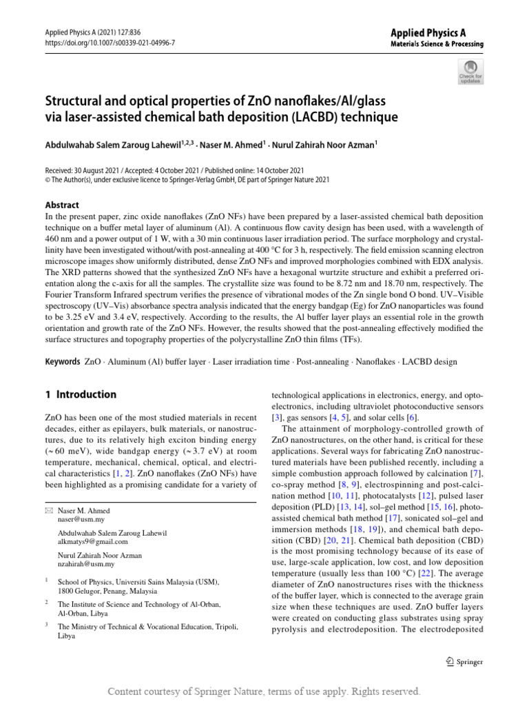 Structural and Optical Properties of ZnO Nanoflake | PDF | Zinc Oxide ...