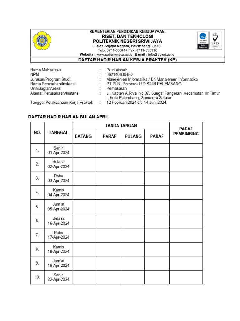 Absen Magang April Aisyah | PDF