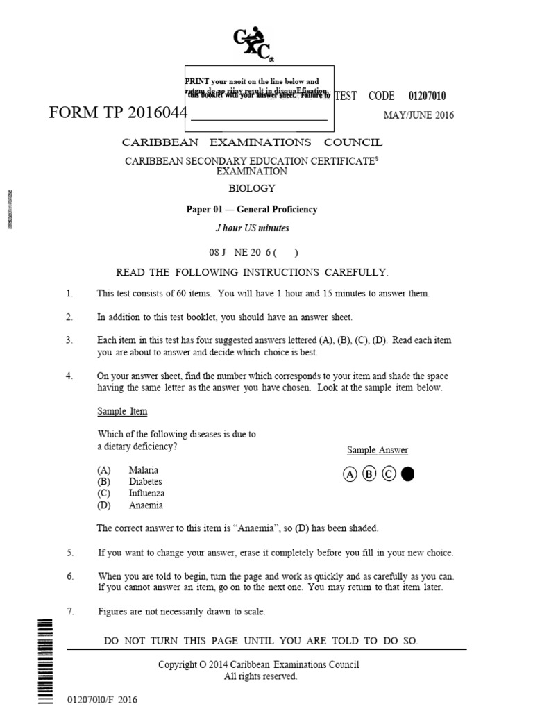 Csec Biology June 2016 p1 | PDF | Heart Valve | Mitochondrion