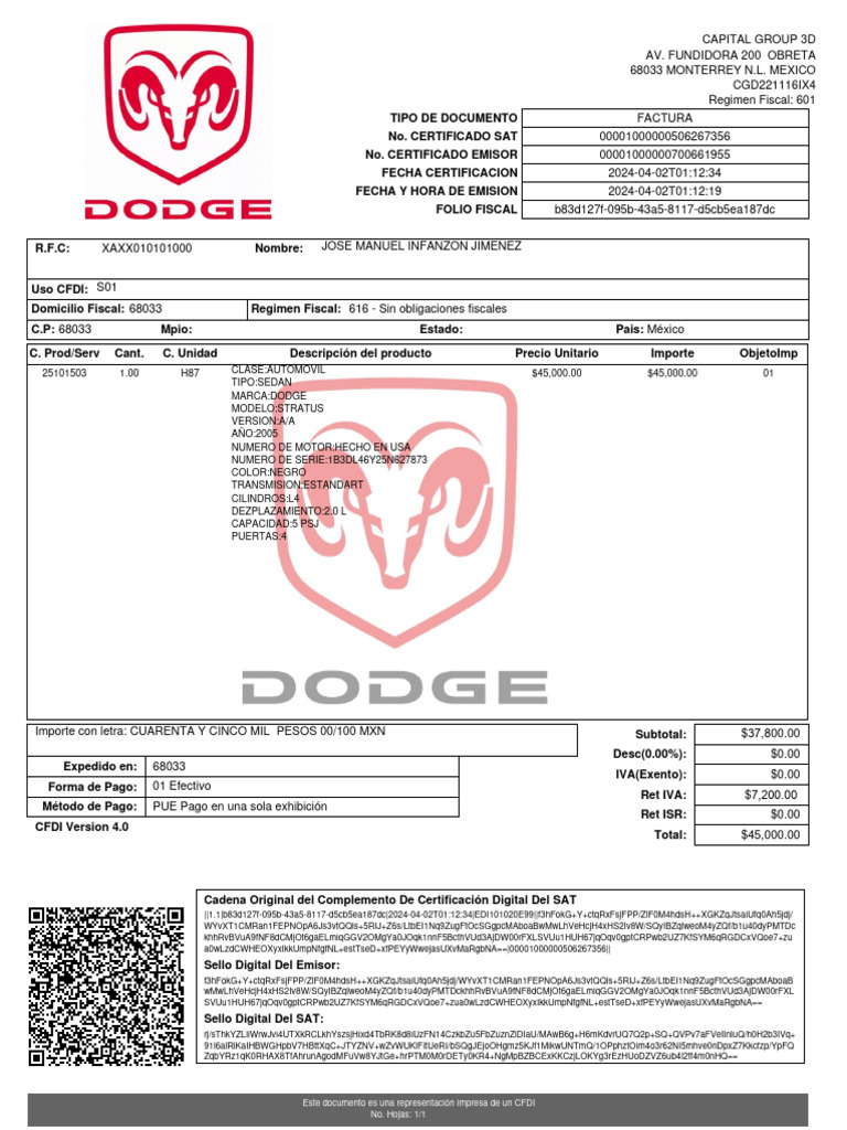Factura Original Dodge Stratus 2005 | PDF | Vehículo de motor ...