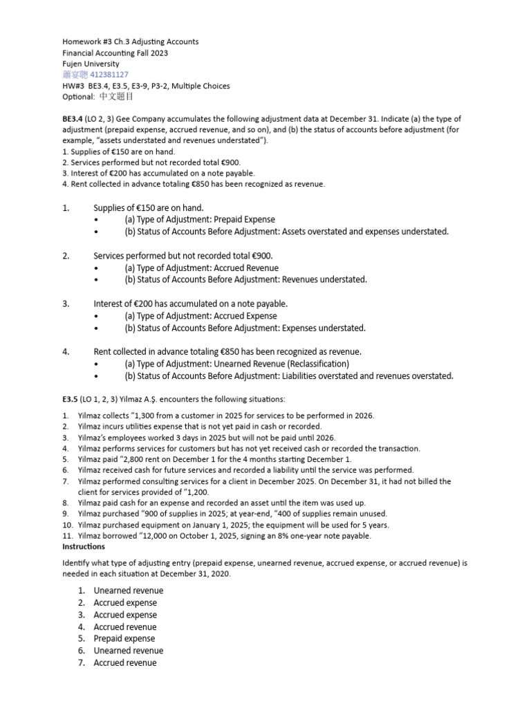 HW3 - CH3 Adjustment Accounting | PDF | Debits And Credits | Expense