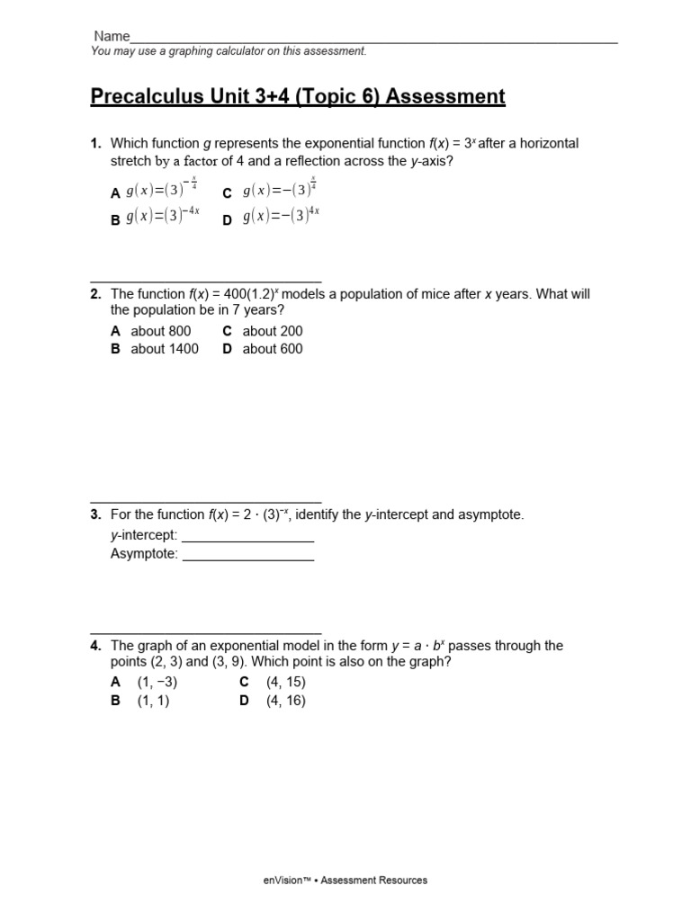FINAL Precalculus Unit 3 4 (Topic 6) Assessment 12-16-22 | PDF | Logarithm | Exponential Function