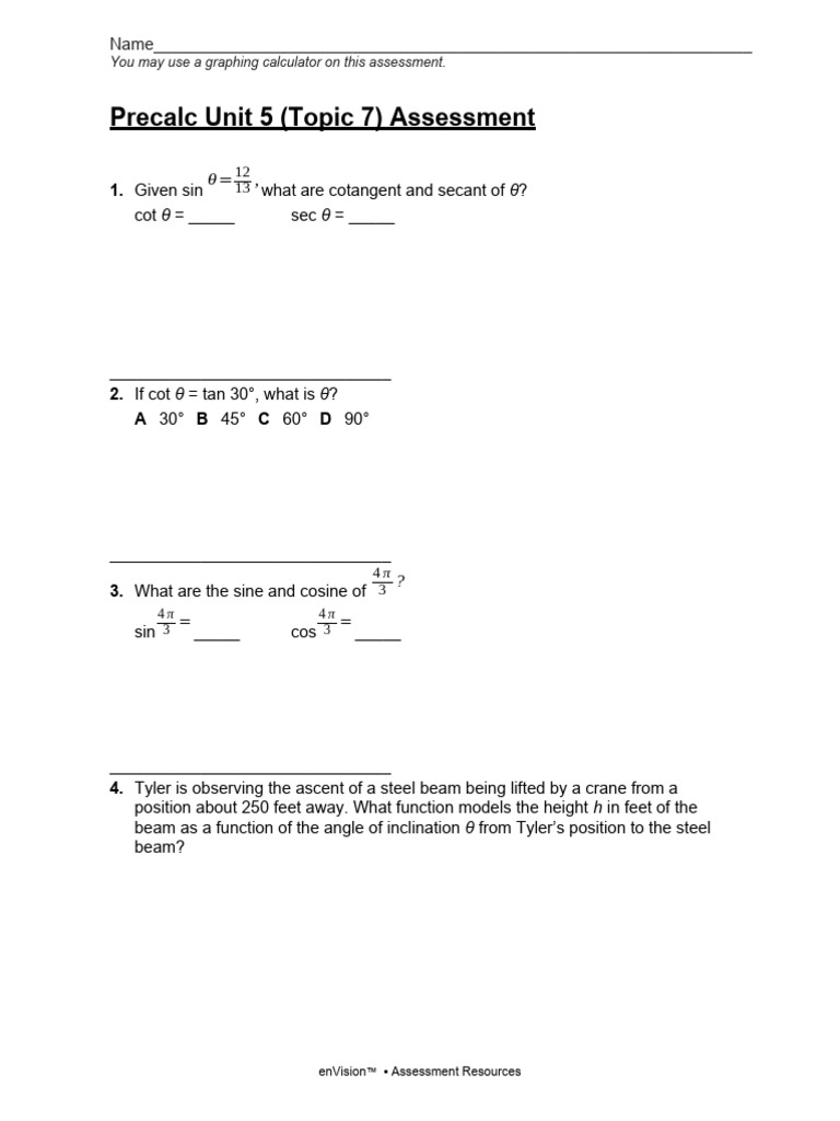 FINAL Precalculus Unit 5 (Topic 7) Assessment 2-22-23 | PDF ...