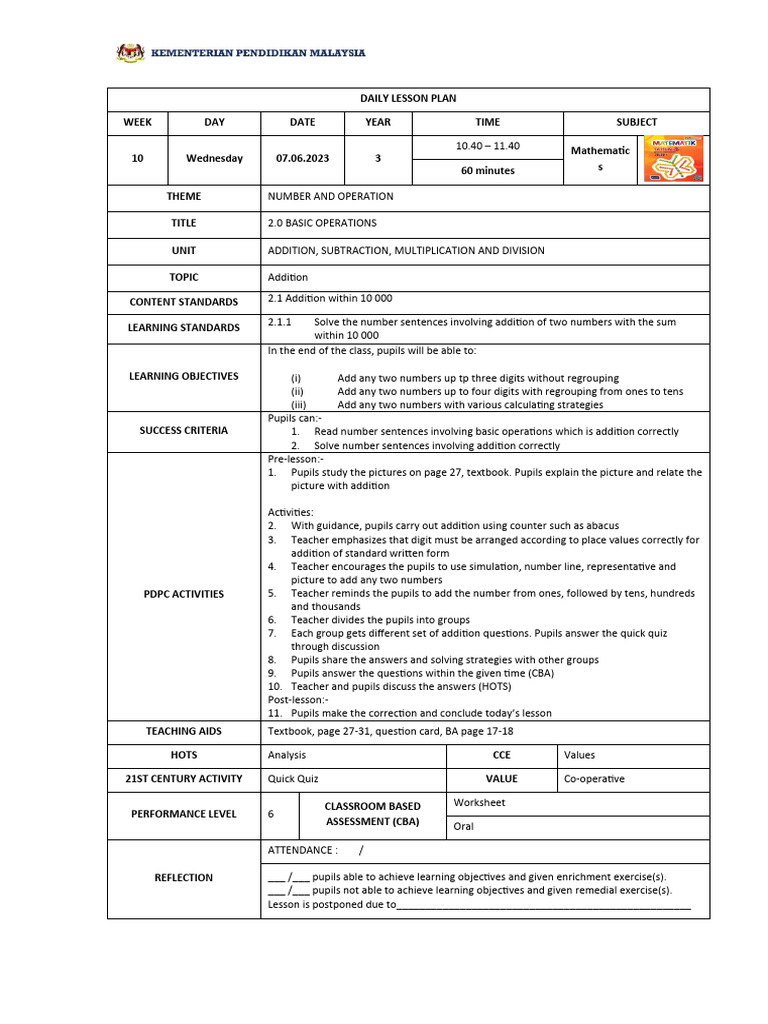 RPH MT DLP Y 3 Tajuk 2 (M5-11) | PDF | Lesson Plan | Teachers