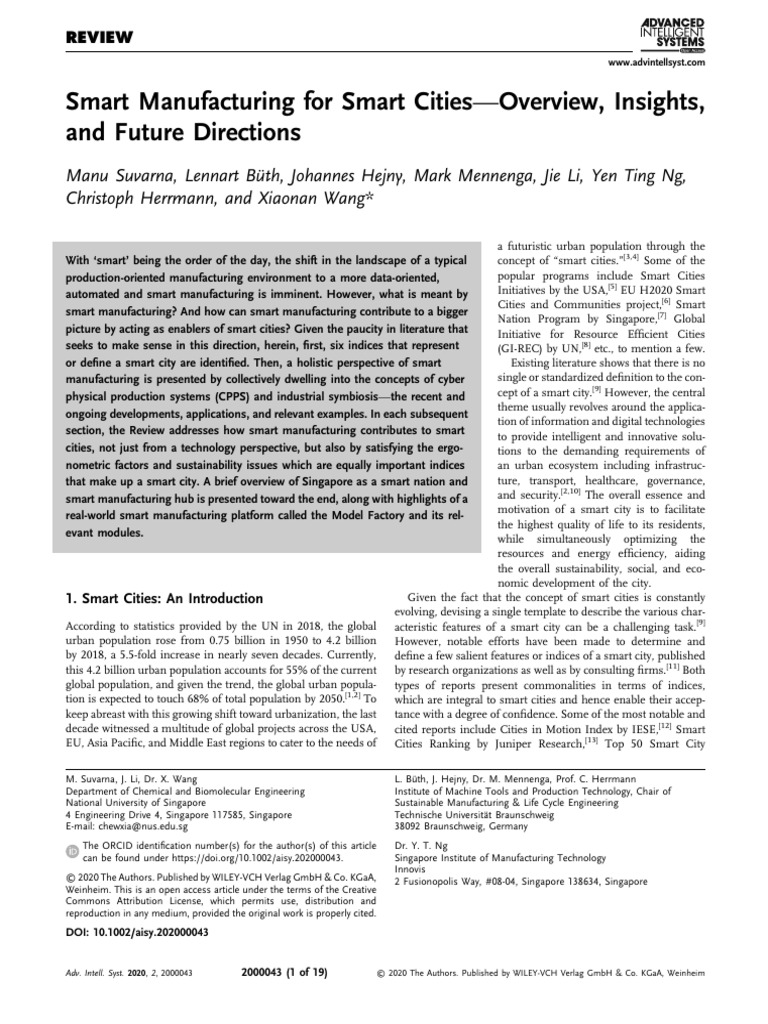 Advanced Intelligent Systems - 2020 - Suvarna - Smart Manufacturing For Smart Cities Overview ...