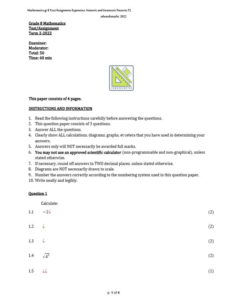 Grade 8 Math Test: Exponents & Patterns | PDF | Elementary Mathematics ...
