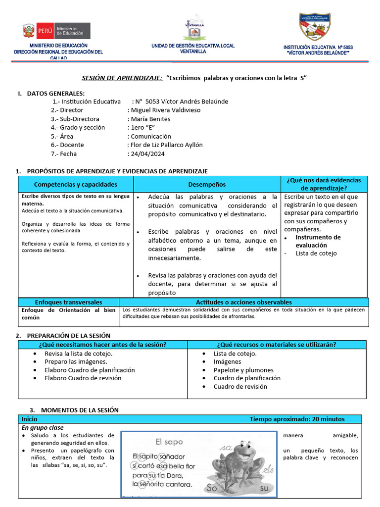 Oraciones con la letra S para niños | PDF | Evaluación | Aprendizaje