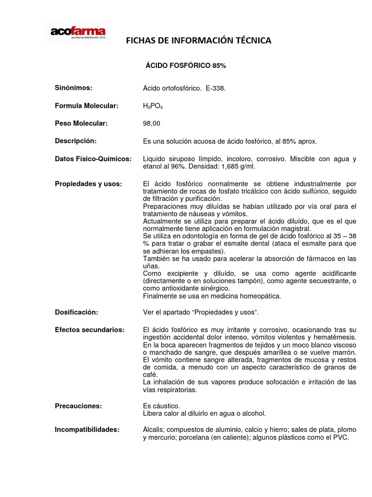 Ficha Técnica del Ácido Fosfórico 85% | PDF | Ácido fosfórico ...
