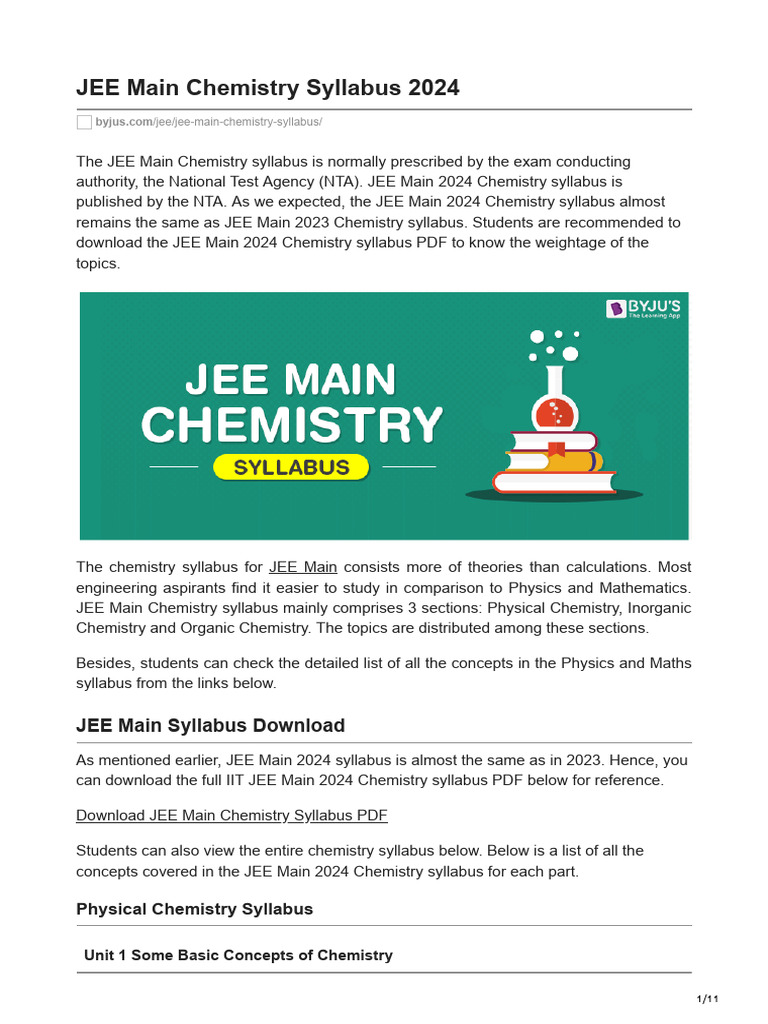 JEE Main 2024 Chemistry Syllabus Overview | PDF | Chemical Bond ...