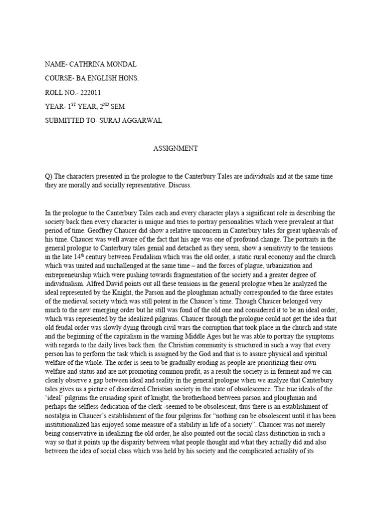 Sa Assignment by Cathrina Mondal, 222011 Ba Hons - English 1st Year | PDF | The Canterbury Tales ...