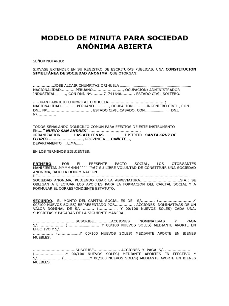 Modelo de Minuta para Sociedad | PDF | Corporaciones