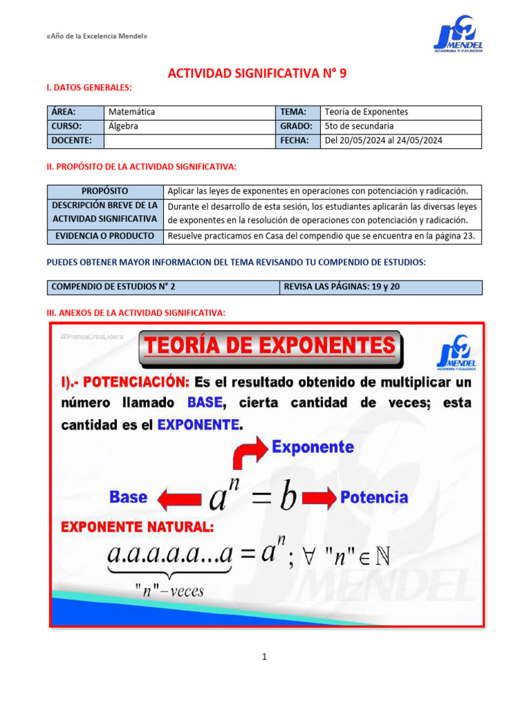 Actividad de Exponentes en Álgebra 5to | PDF