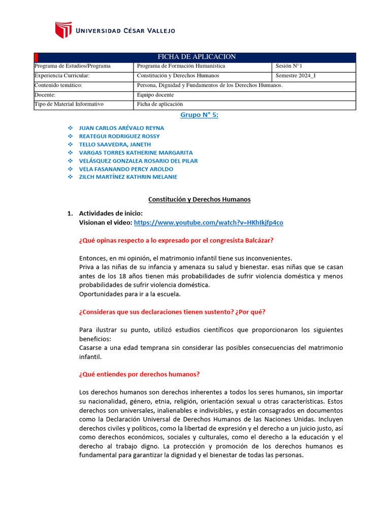 FICHA DE APLICACIÓN_01 - GRUPO N° 5 | Descargar gratis PDF | La Ley natural | Derechos humanos