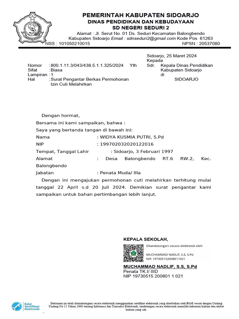 Surat Izin Cuti Melahirkan | PDF