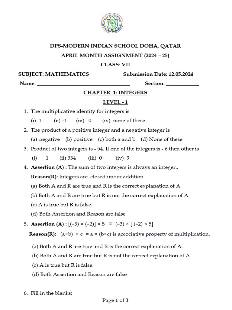 Grade 7 April Integers | PDF | Integer | Mathematics