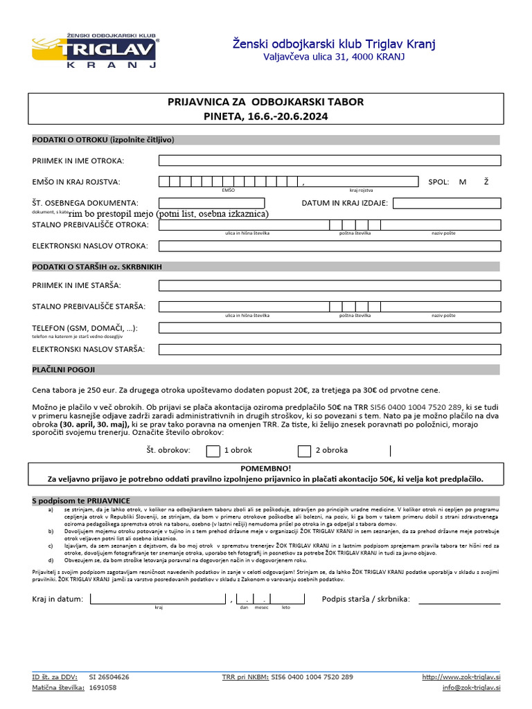 PRIJAVNICA Pineta24 | PDF