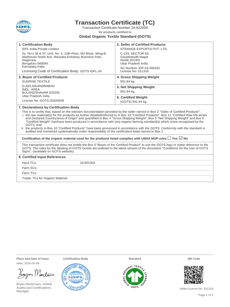IDFL 224706 (24-622009) GOTS Transaction Certificate-Strange-Exports ...