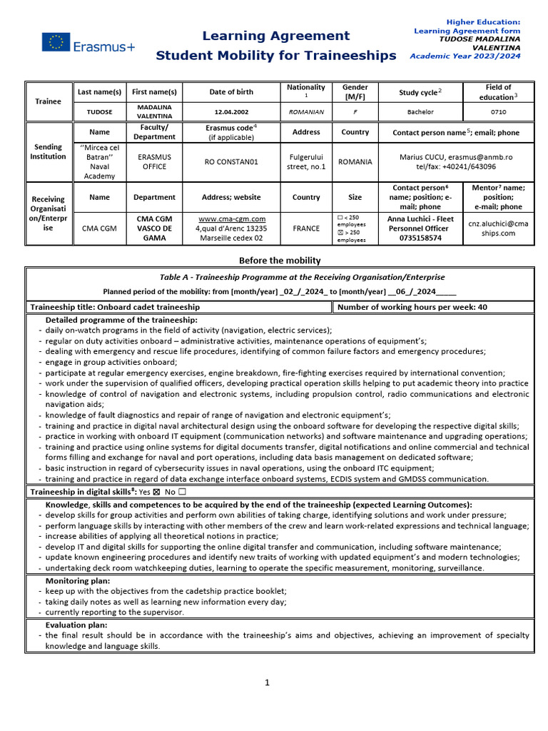 Learning Agreement For Traineeships TUDOSE MADALINA ANMB | PDF ...