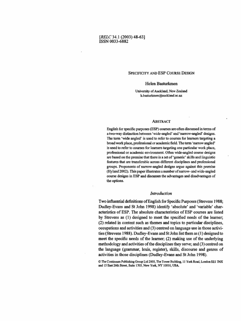 Specificity and Esp Course Design | PDF | English As A Second Or Foreign Language | Learning