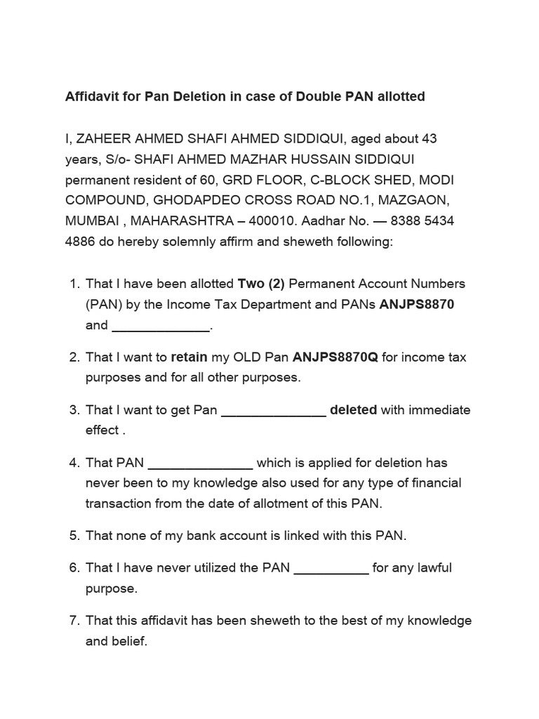 Affidavit for Pan Deletion in case of Double PAN allotted | PDF