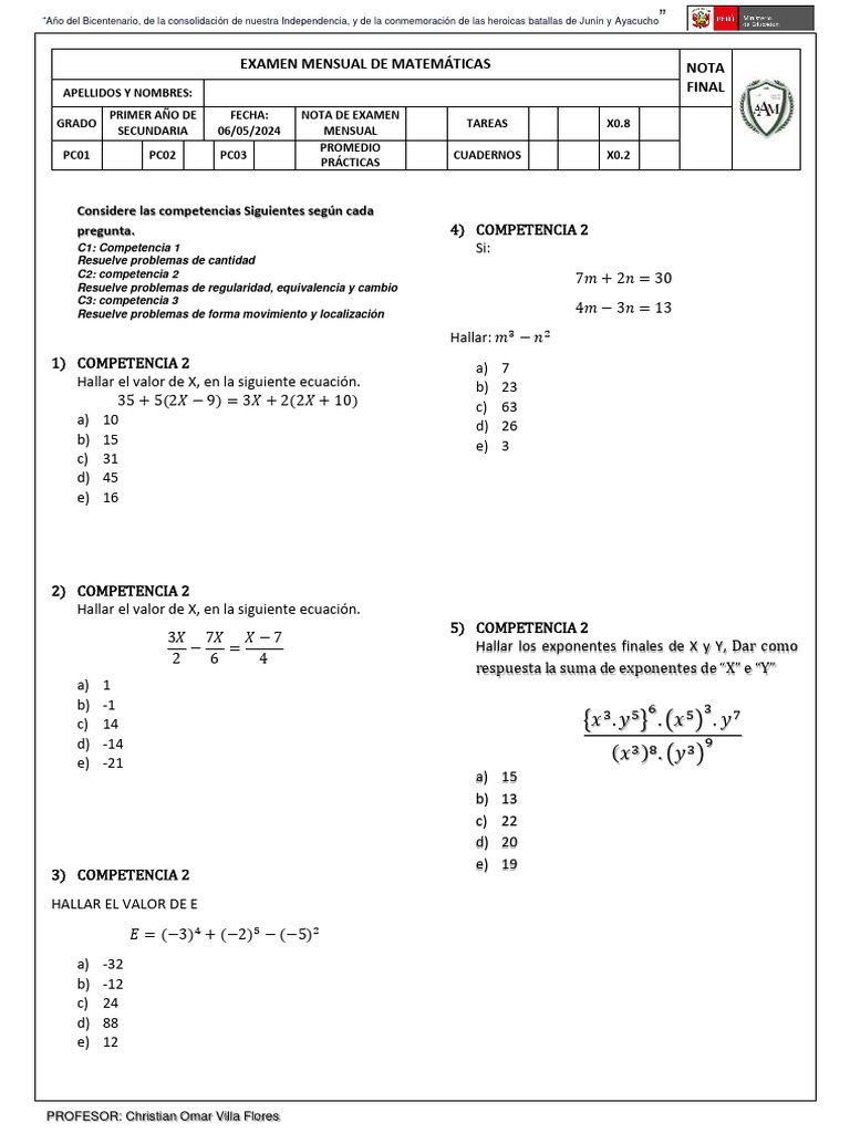 Exámen Bimestral Matemáticas 1ro | Descargar gratis PDF | Matemáticas | Geometría Elemental