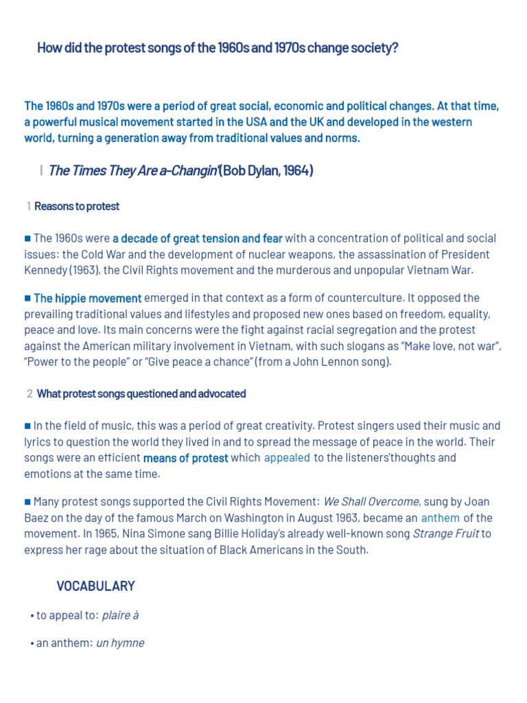 1960s-70s Protest Songs' Impact | PDF | 1960s | Bob Dylan