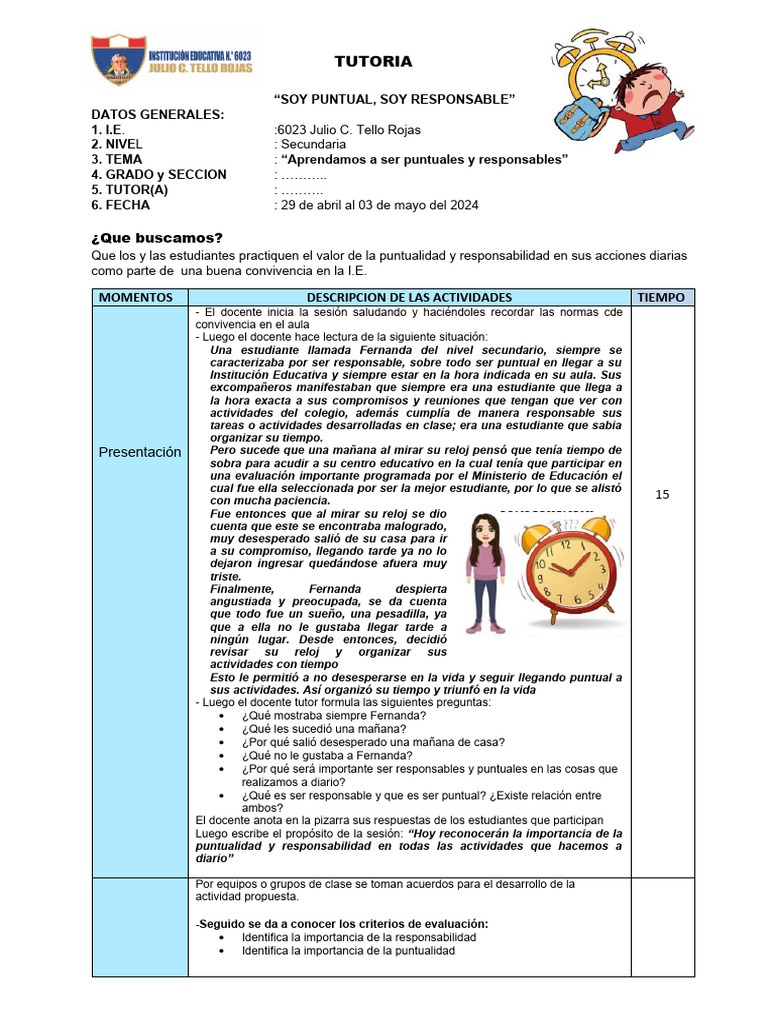 Sesion Tutoria Soy Puntual y Responsable | PDF