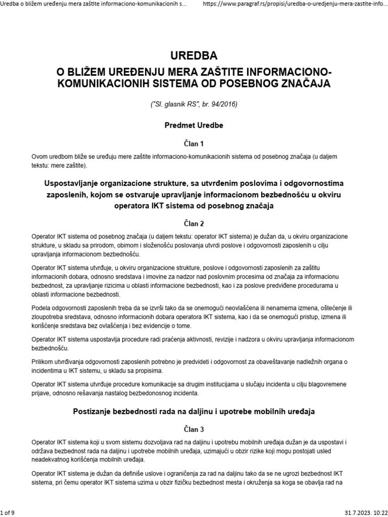Uredba o Bližem Uređenju Mera Zaštite IKT Sistema Od Posebnog Značaja | PDF