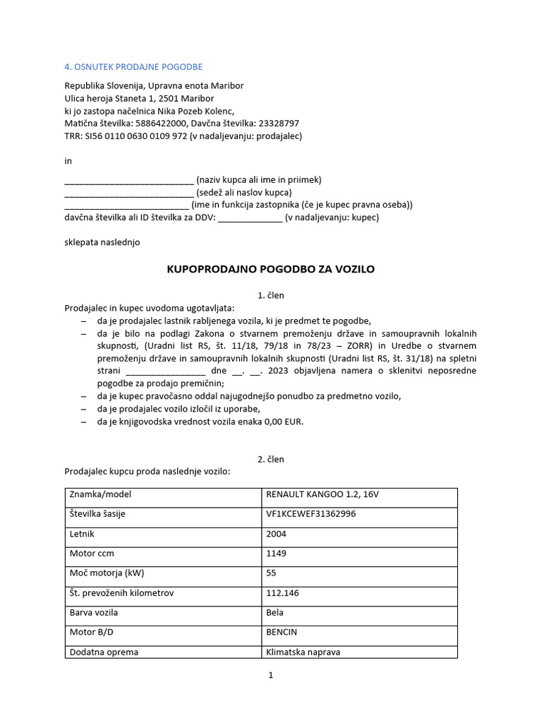 Pogodba Za Vozilo Osnutek | PDF