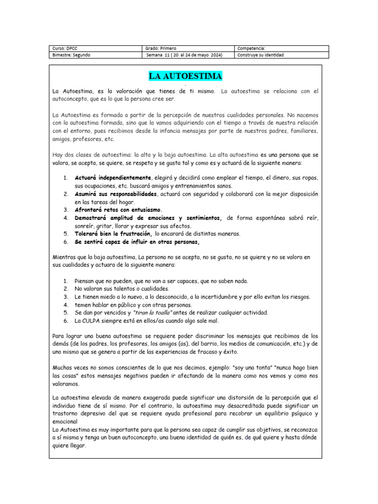 Semana 11 La Autoestima Teoria Descargar Gratis Pdf Autoestima